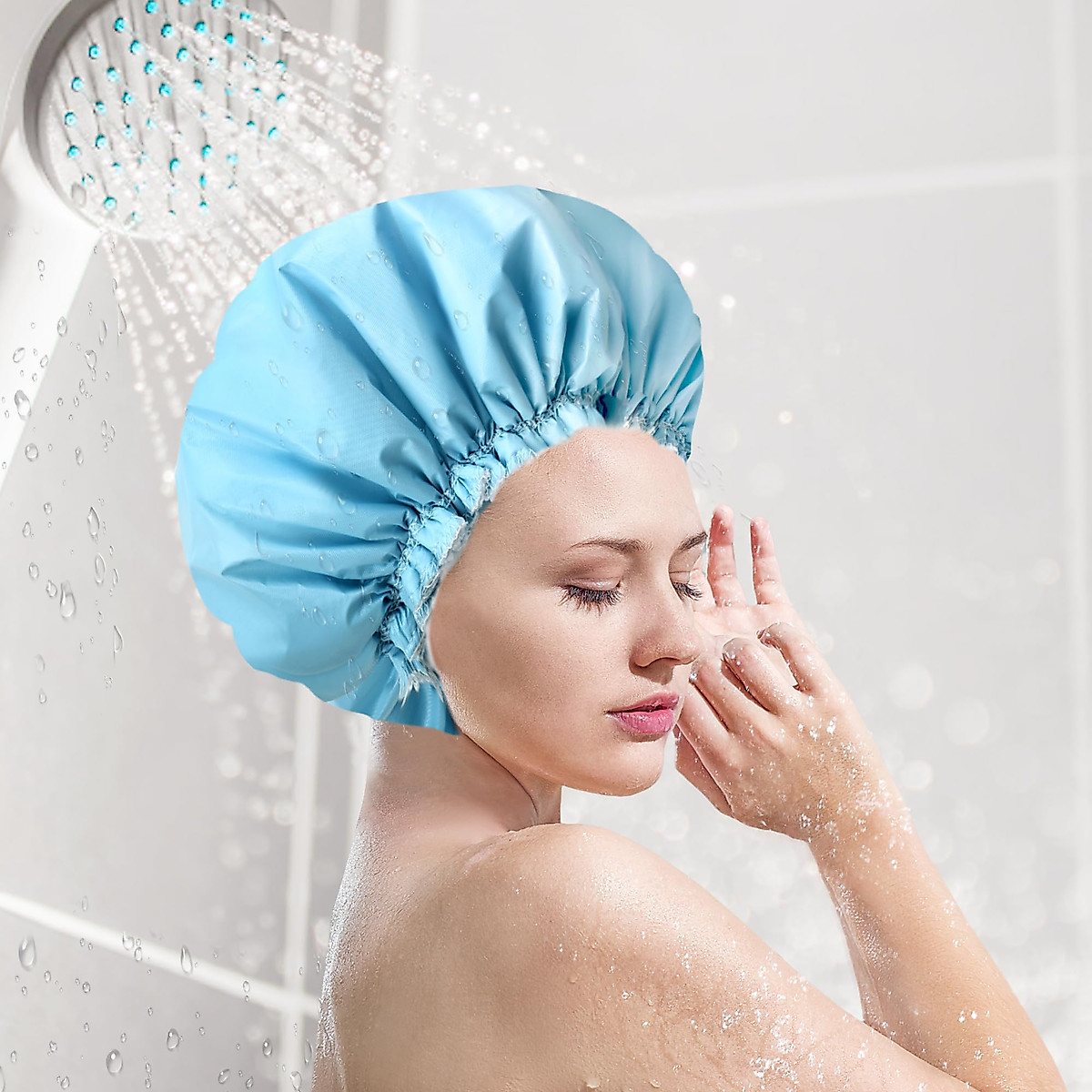 Shower Caps for Women, Terry Cloth Lined EVA Exterior Elastic and Reusable Bath Caps, Double Waterproof Layers Shower Cap, Bathing Shower Caps, Environmental Protection Bath Hair Cap - Blue