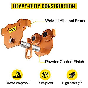 VEVOR 0.5 Ton Manual, 1100 LBS/0.5T Load Capacity Trolley, 2.5-8 inch Adjustable Width Push Beam with Dual Wheels, Orange