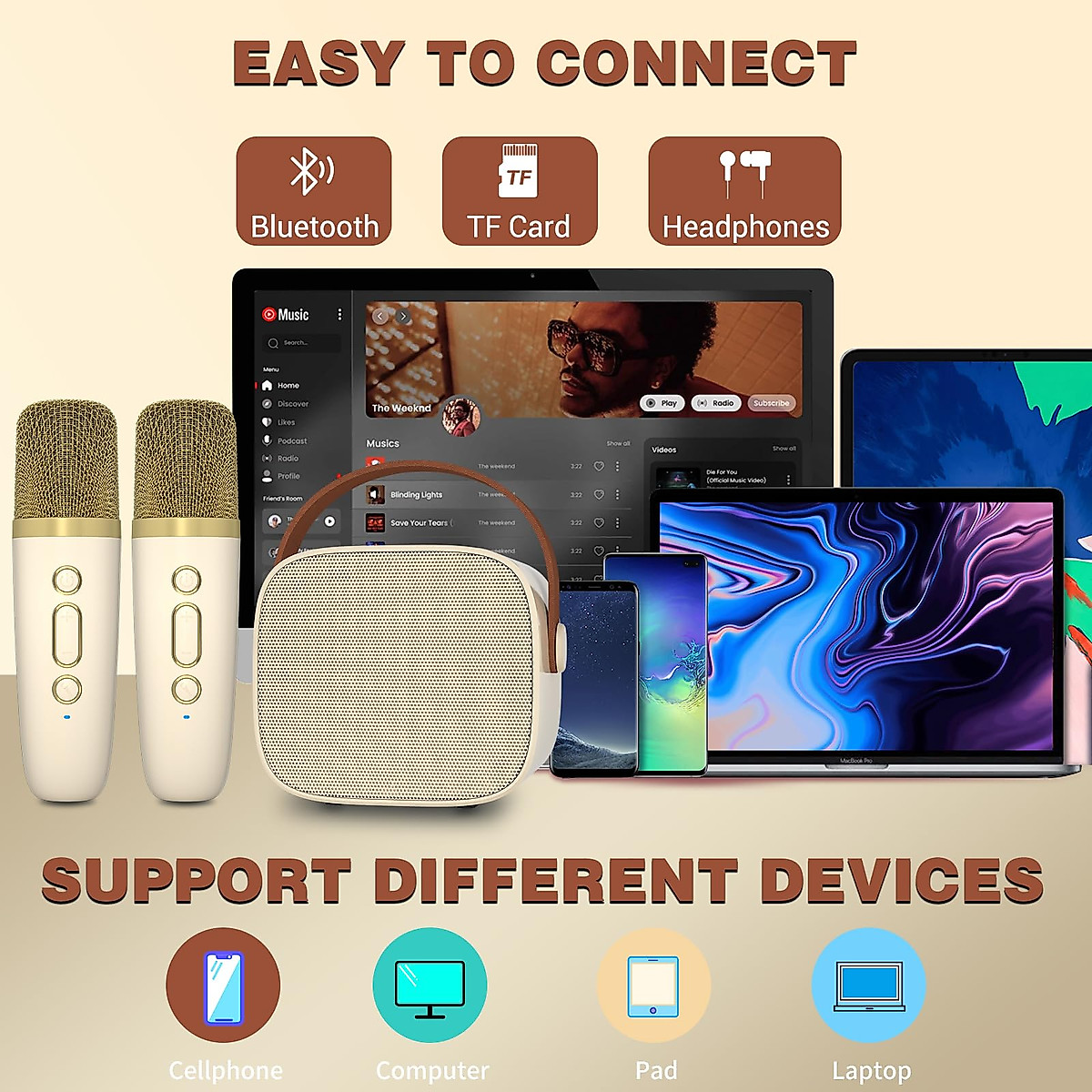 IROO Mini Karaoke Machine with 2 Wireless Microphone,Bluetooth Speaker for Kids and Adults,Gifts for Girls and Boys 4, 5, 6, 7, 8, 9, 10 +Year Old Birthday Party Home (Beige)