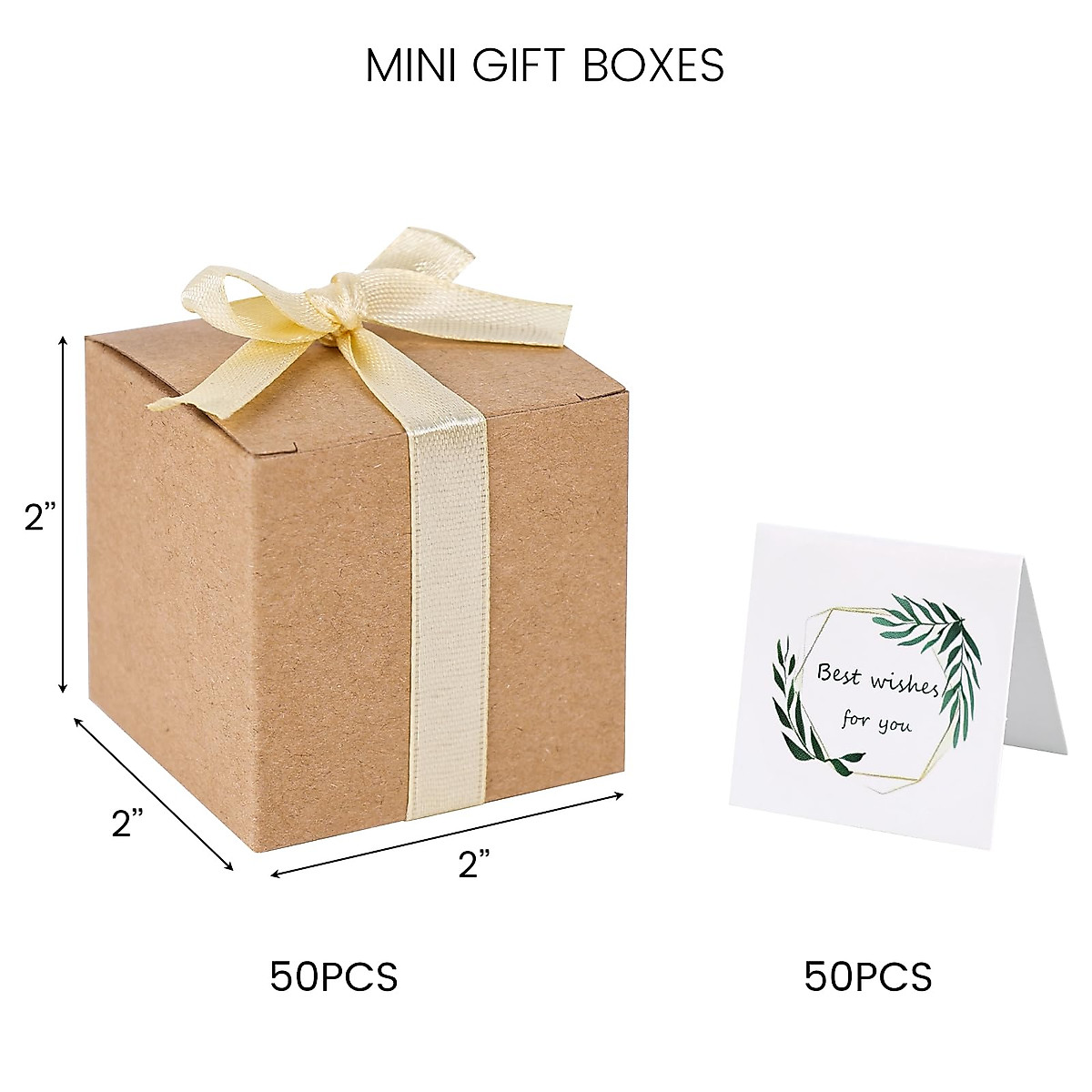 VGOODALL 50PCS Mini Gift Boxes, Candy Treat Boxes Brown Favor Boxes with Greeting Cards Ribbon Tiny Cardboard Boxes for Bridal Shower Birthday Party