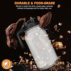 Nevfiro Mason Jar Pitcher with Pour Spout Handle Lid, 2Pack 32OZ Thick Glass Pitcher with Lid, Leak-proof Glass Pitcher Wide Mouth for Brew Coffee, Ice Beverage, Juice, Lemonade, Sun Tea, Fruit Drink