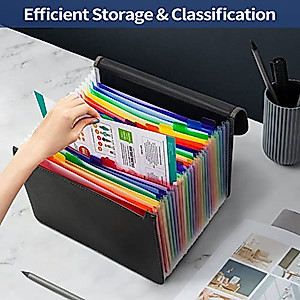 Sooez 24 Pockets Accordion File Organizer, Letter Size, Durable Leather Expanding File Folder, Paper Bill Tax Receipt Organizer, Large Capacity Document Holder with Blank Labels, Black
