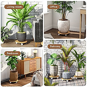 FILWH Plant Caddy 13 Inch Bamboo Plant Stand Indoor Outdoor 2 Pack Plant Pulley with 360° Lockable Caster Wheels Flower Pot Plant Shelf Corner Display Rack for Balcony Garden Patio(Natural)