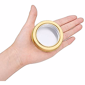 Healthcom 15 Pack 3 Oz Clear Window Round Aluminum Tin Cans Screw Top Metal Lid Aluminum Tin Jar Empty Lip Balm Tin Cans Cosmetic Storage Jars for Spices Candles Candies Gifts Arts Crafts,90ml(Gold)