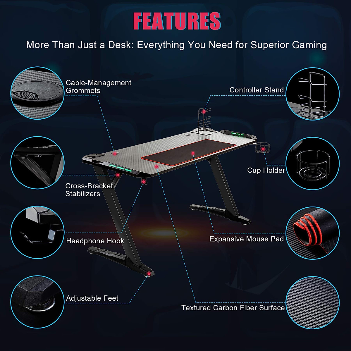 CO-Z 55 Inch Gaming Desk, Z Shaped Gaming Table with 6-Color RGB Lighting, Large Mouse Pad, Controller Stand, Cup Holder & Headphone Hook, Writing Desk Computer Desk for Home Office and More, Black