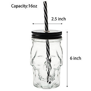 TOPZEA 6 Pack Mason Jars Mugs, 16 oz Glass Skull Mason Drinking Mugs Tumbler Cup with Straws Old Fashioned Jar Drinking Glasses Heavy Base for Beverage, Brandy, Liquor, Jello