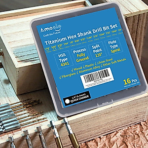 amoolo Hex Shank Drill Bit Set Combo 16Pcs (1/16"-1/4") + 10Pcs 1/8", Premium 4341 HSS Titanium Quick Change Impact Hex Drill Bits for Wood, Steel, Metal, Plastic