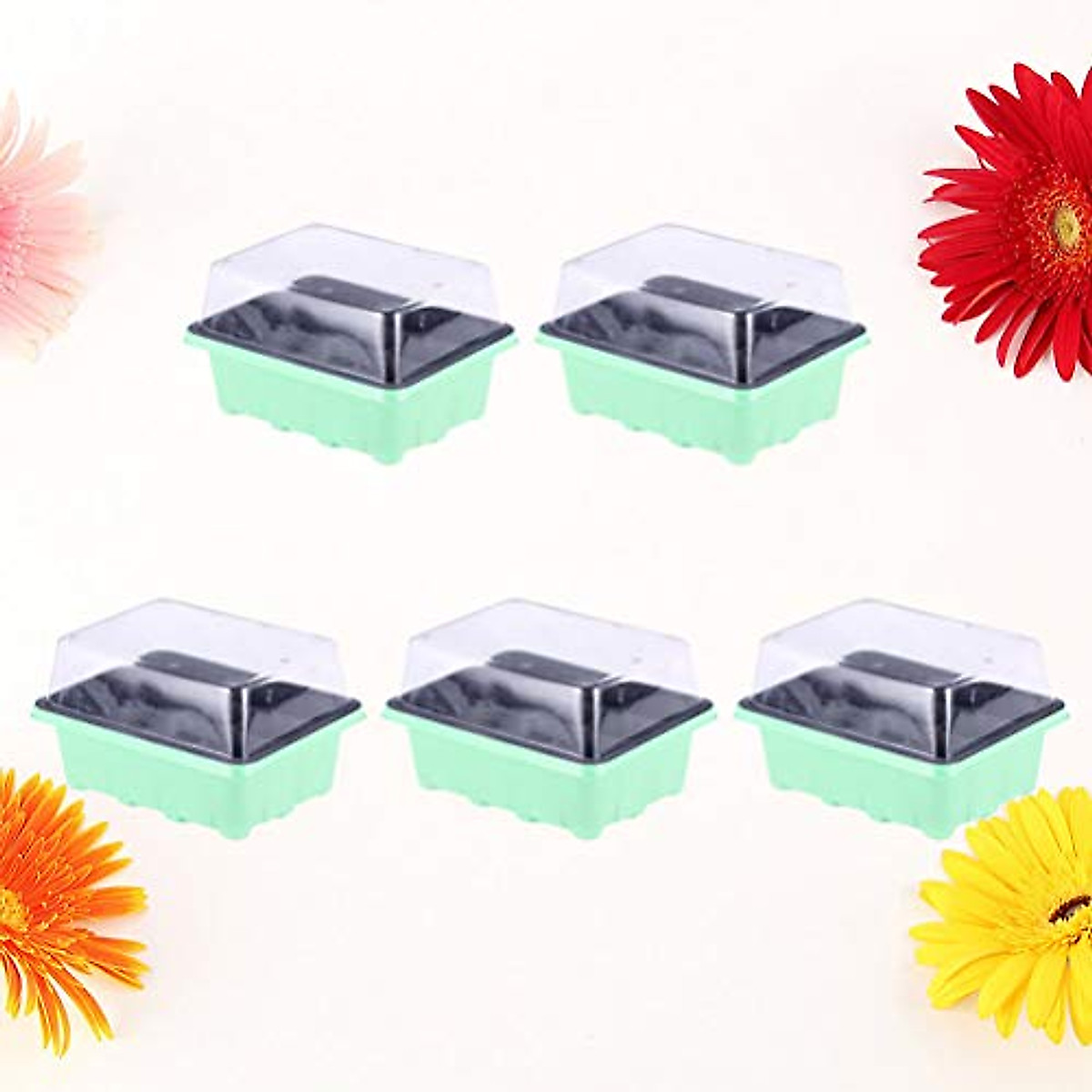 TOPBATHY Seed Starter Kit 12 Cells Seedling Trays Gardening Germination Tray Plant Grow Kit with Humidity Dome for Gardening Propagation Bonsai Germination (5pcs,Green)