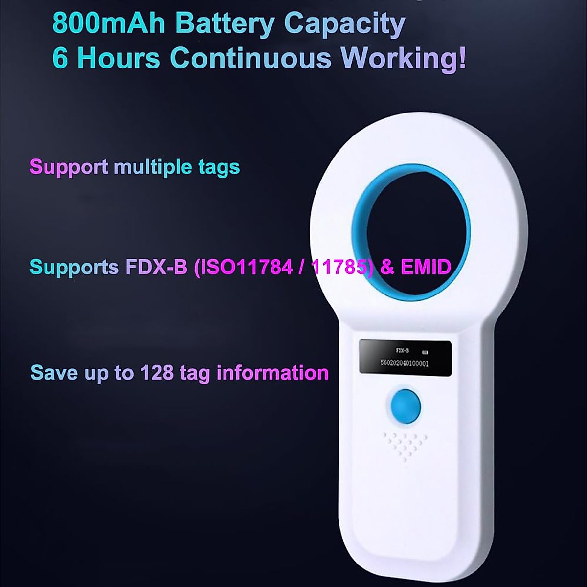 Rabitpos Pet Microchip Reader Scanner, 128 Data Storage Animal Tag Scanner Rechargeable Handheld Pet Chip ID Scanner with Stable OLED Display for ISO 11784/11785,FDX-B