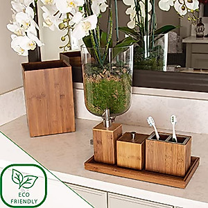 Seville Classics Bamboo Wood Bathroom Vanity Organizer Set with Soap Dispenser & Tooth Brush Trash Bin, Cotton Ball & Q-Tip Holder, Towel Tray, 5 Piece