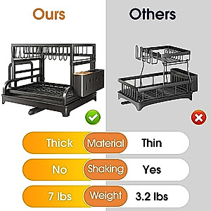 Ourackey Dish Drying Rack, Two Tier Dish Drying Rack for Kitchen Counter Large Dish Rack Kitchen with Drainboard Set for Sink, Dish Drainer with Utensil Holder, Cups Holder, Black