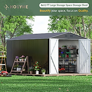 HOGYME 8 x 12 FT Outdoor Storage Shed, Large Metal Tool Sheds with Updated Frame Structure and Lockable Doors, Garden Shed for Backyard Garden Patio Lawn, Grey