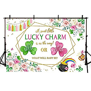 AIBIIN 7x5ft Lucky Charm Gender Reveal Backdrop St. Patrick's Day Baby Shower Photography Background He or She Pink or Green Shamrock Clover Gold Coin Party Decor Banner Supplies Photo Shoot Props