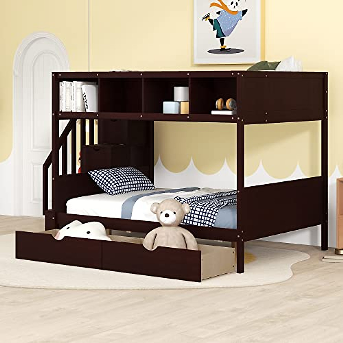 Twin Over Full Bunk Bed with Built-in Storage Shelves and 2 Drawers,Stairway Bunk Bed for Kids Bedroom, Home, Solid Wood Bunk Bed for Kids Teens Boys Girls, No Box Spring Needed