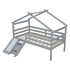 Bellemave Twin Size Kids Low Loft Bed,House Loft Bed with Slide and Ladder,Solid Wood Low Loft Bed with Safety Guardrails for Girls Boys,Grey