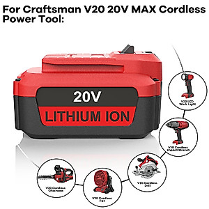 Powilling CMCB205 6.0Ah 20V Battery Packs Replacement for Craftsman V20 MAX Lithium Ion Battery CMCB204 CMCB202 CMCB201 Fast Charger CMCB104 Cordless Power Tool(Only for Craftsman 20V Max V20 Series)