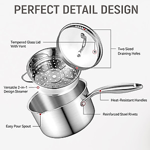 Buttermelt Pots and Pans Set- Tri-ply Full Body Stainless Steel Cookware Set, 3.5QT Saucepan with Steamer Basket & 7 Inch Frying Pan Skillet, Pots and Pans for Boiling Gravies, Pasta, Noodles, Omelet