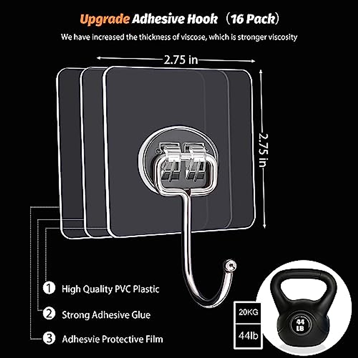 DKHDBD Large Adhesive Hooks, 16-Pack Hold 44lb(Max) Heavy Duty Sticky Hooks, Waterproof Transparent Hooks for Hanging, Self-Adhesive Traceless Clear Wall Hooks to Use for Keys Robe & Towel