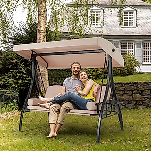 HOMREST 3 Seat Outdoor Porch Swing,Adjustable Canopy Porch Swings,Outdoor Swing with Stand, Patio Glider Chair with Thicken Cushions,Pillow & Cup Holder(Khaki)