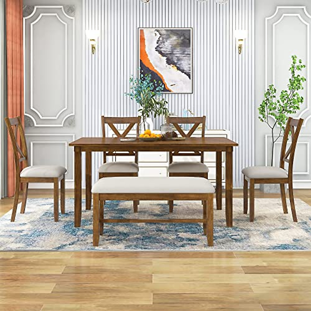 P PURLOVE 6 Piece Dining Table Set, Wood Rectangular Kitchen Table and 4 Cushion Dining Chairs and 1 Cushion Bench, Family Furniture for 6 Persons, Natural Cherry