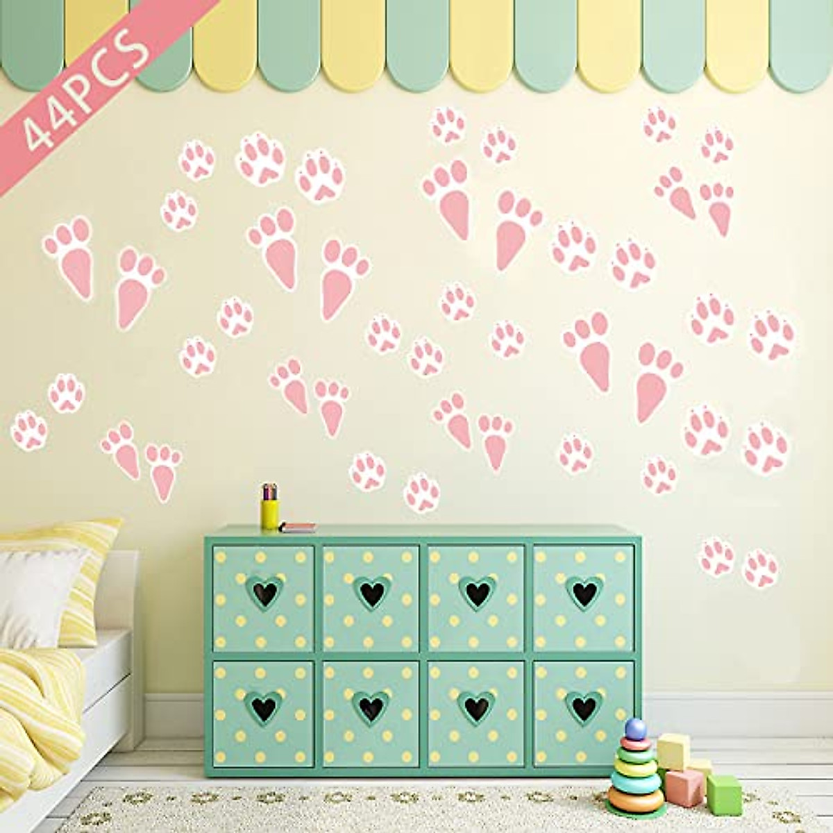 4 Sheet 56 Pieces Easter Stickers Bunny Paw Prints Carrots Rabbit Footprints Stickers Cute Festive Decals Decorations for Easter Floor Decoration and Egg Hunting Games