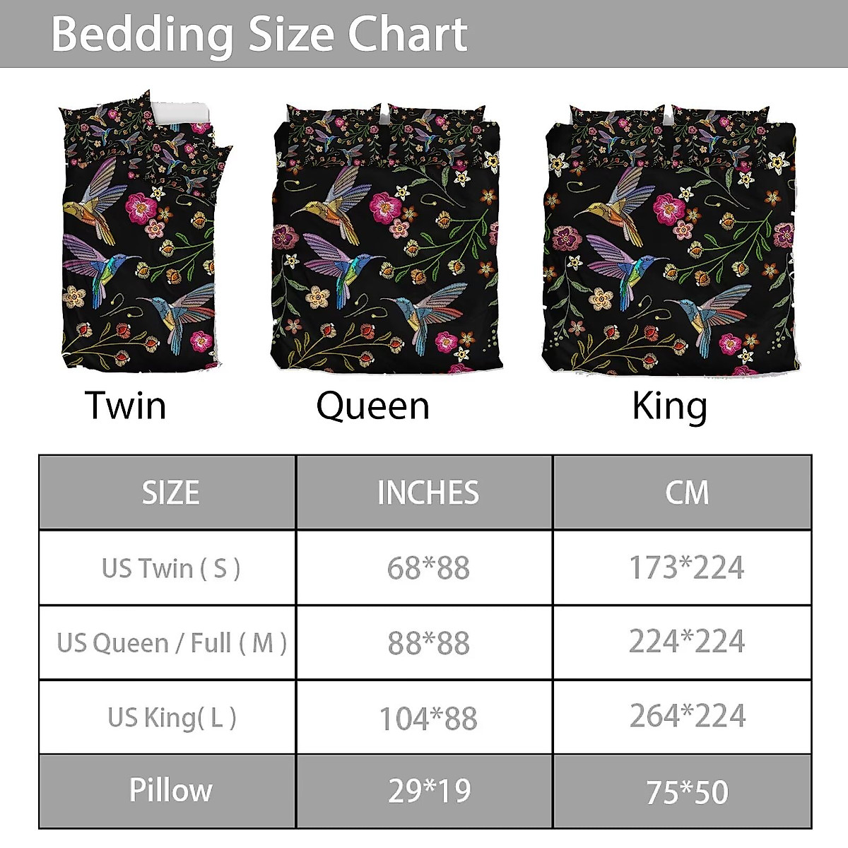 gearider Hummingbirds Floral Pattern Duvet Cover Set, Embroider Style Soft Bedding Set with Zipper Closure for Women Men, Black Lining, Size Queen