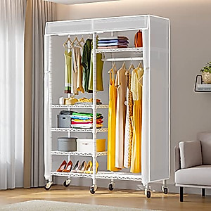 VIPEK R4C Garment Rack Rolling Clothes Rack 6 Tiers Heavy Duty Adjustable Wire Portable Closets with Lockable Wheels Wardrobe White Metal Clothing Rack with Frosted Translucent Cover, Max Load 620lbs