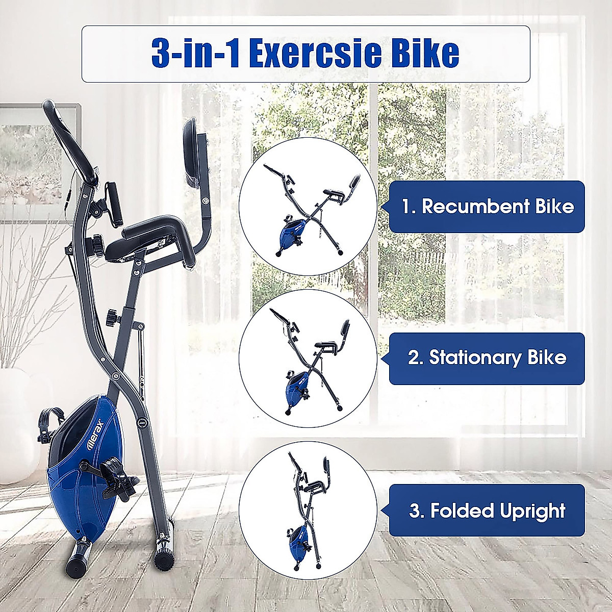 Merax 3 in 1 Adjustable Folding Exercise Bike Convertible Magnetic Upright Recumbent Bike with Arm Bands (Blue&Gray)