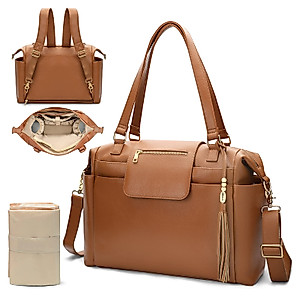 Omanmoli Diaper Bag Tote Leather Diaper Bag Backpack Large Baby Diaper Bag 14 Diaper Bag Organizing Pouches,Changing Pad,Crossbody Strap,4 Insulated Pockets,Brown