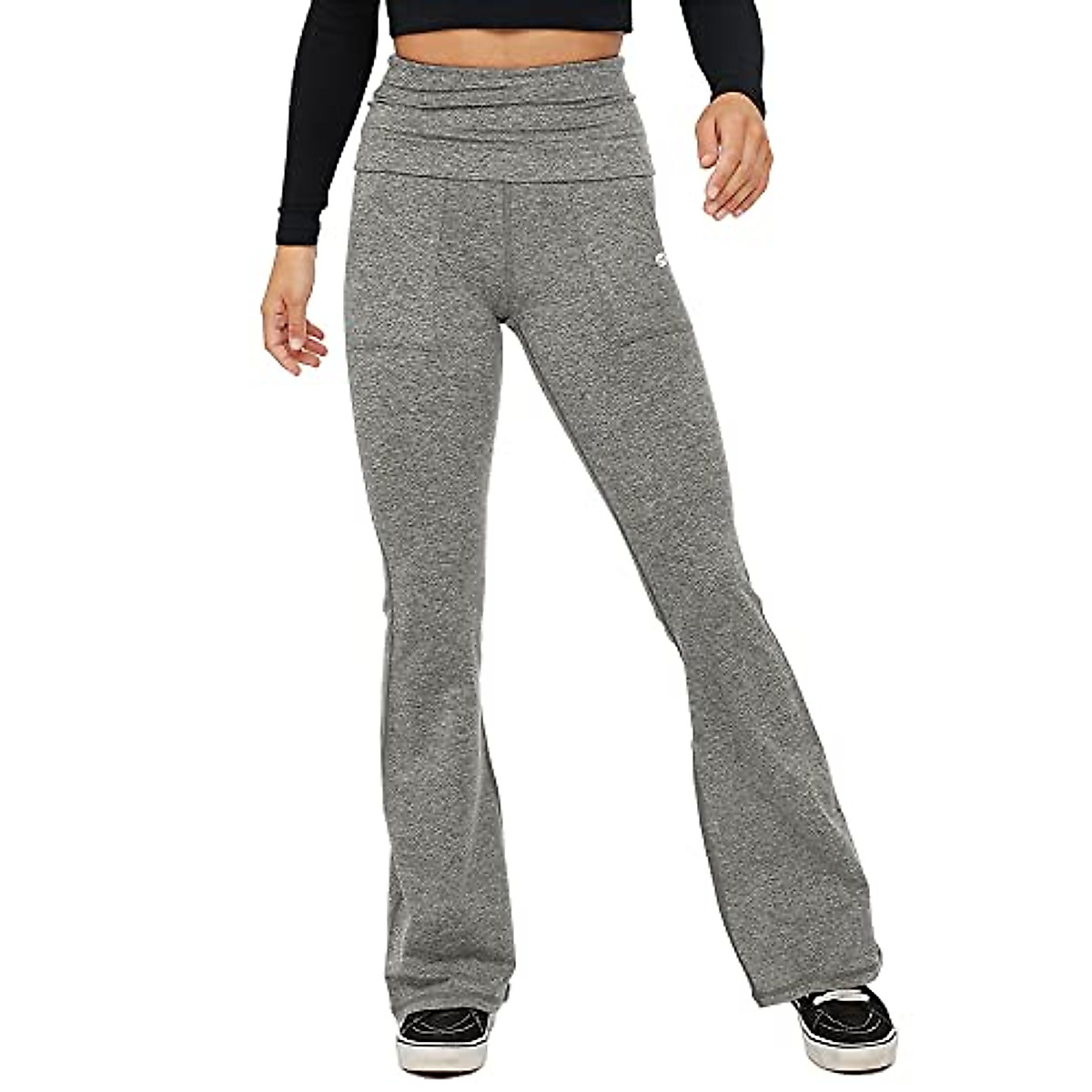 Aurgelmir Womens Flare Yoga Pants High Waisted Foldover Workout Leggings with Pockets Tummy Control Bell Bottom Pants Grey