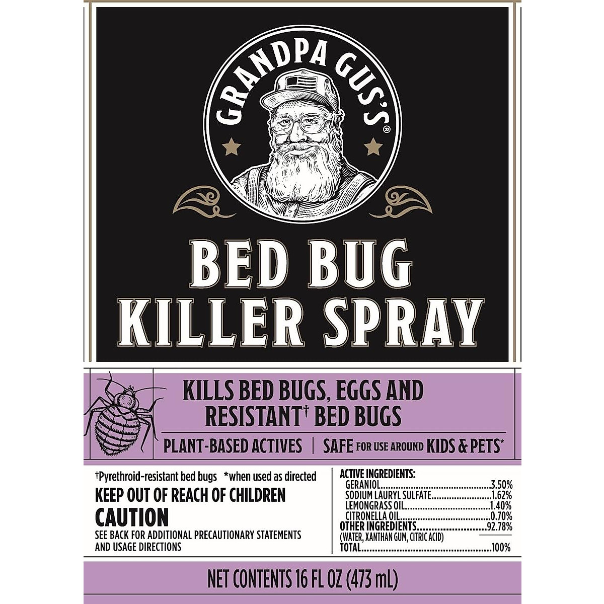 Grandpa Gus's Natural Bed Bug Killer Spray, 48 Hours Time-Release Plant-Based Actives, Kills Bed Bugs & Their Eggs, 16 fl oz