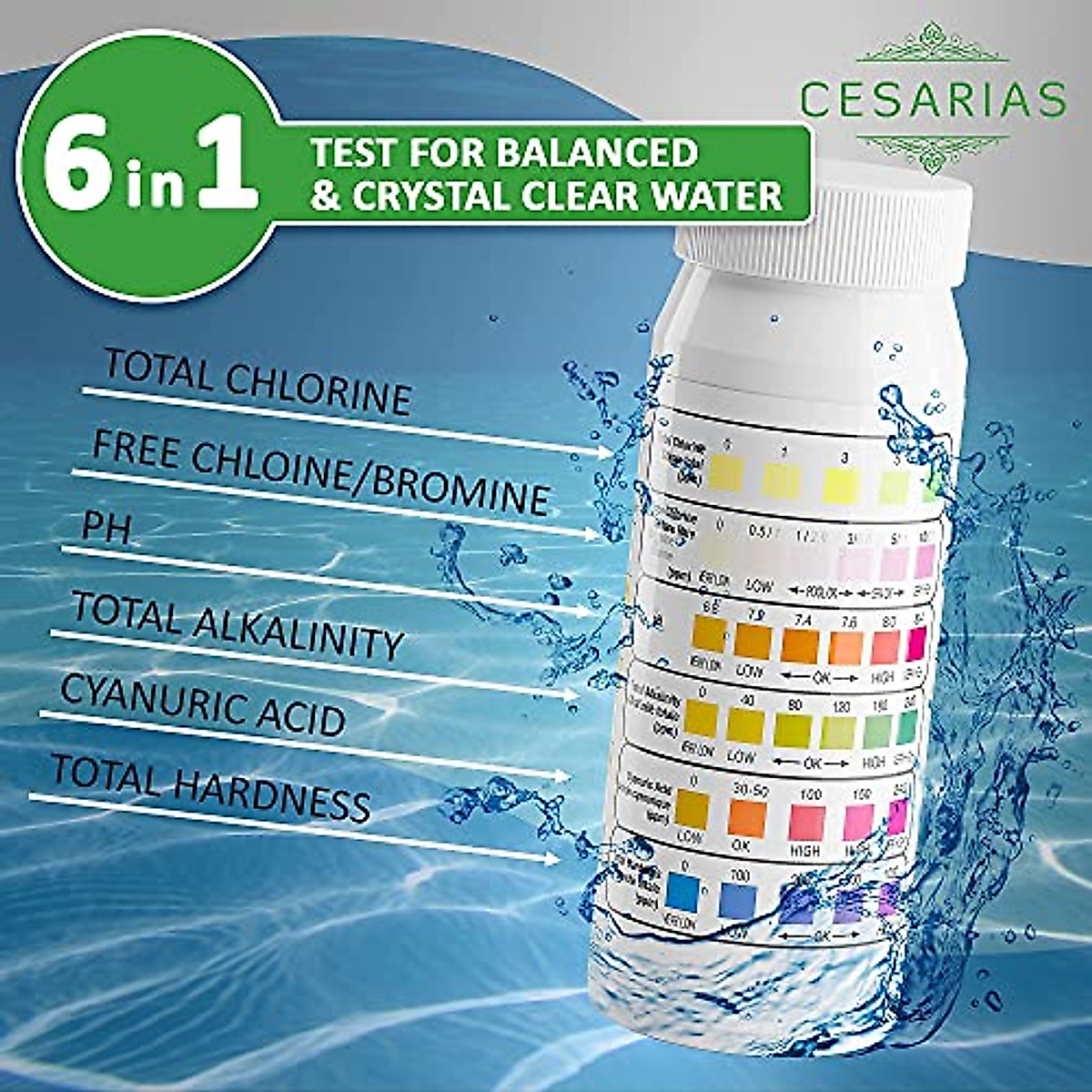CESARIAS Spa Mineral Filter Sticks Cartridge for Hot Tub, Pool Testing Strips 6 in1, Kit of 3, Water Quality Test Strip 50pcs, Last for 4 Months