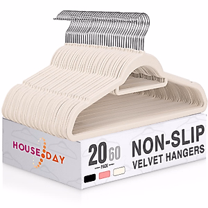 HOUSE DAY Velvet Hangers with Tie Bar 20 Pack Ivory, Clothes Hangers Non-Slip, Space Saving Felt Hangers for Pants, Coat, Suits, Shirt, Scarf, No Hanger Marks