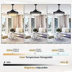 LEDIARY 42 Inch Retractable Ceiling Fans with Lights and Remote, Bladeless Ceiling Fans with LED Lighting, Smart Modern Ceiling Fan, Stepless Color Changeable, Dimmable, Timer Setting - Black
