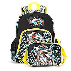 YOJOY Kids Backpack for Boys with Lunch Box Set Elementary School Bags 16 inch Kindergarten Primary Bookbags Football Dinosaur Backpacks (Black Dinosaur Set)
