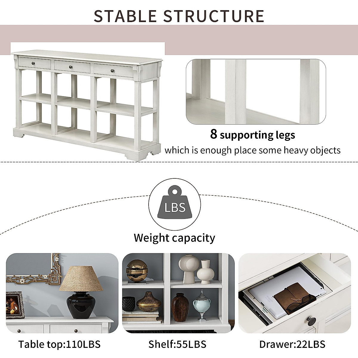 Merax Console Table/Sideboard with Ample Storage, Open Shelves and Drawers for Living Room, Antique White