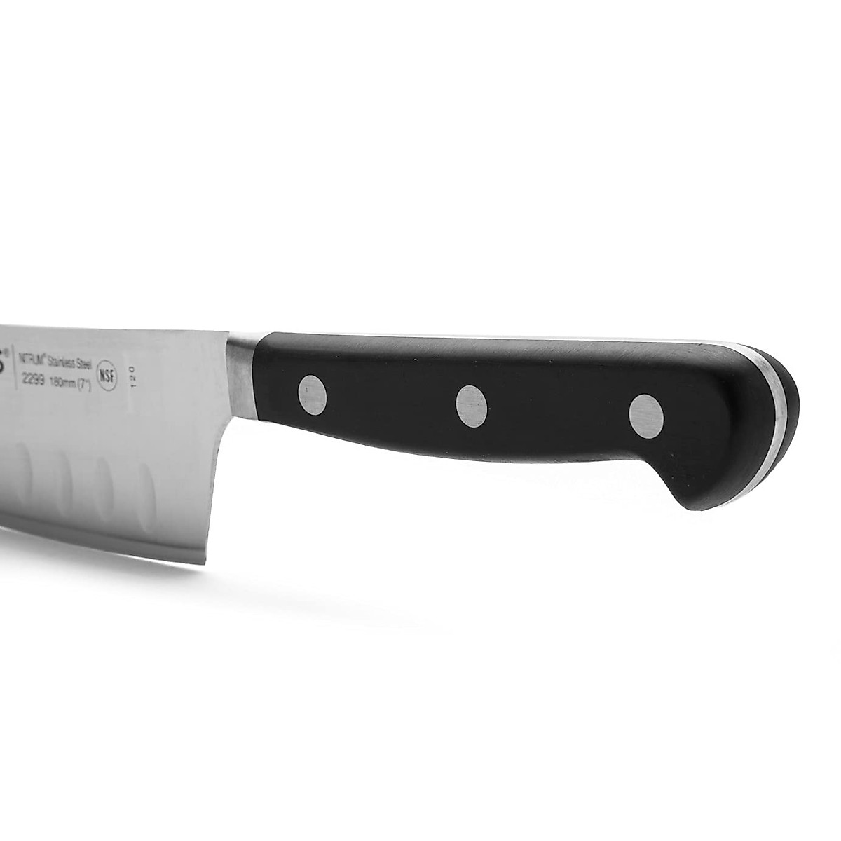 ARCOS Santoku Knife 7 Inch Nitrum Stainless Steel and 190 mm blade. Ergonomic Polyoxymethylene POM Handle.Classical design and rounded finish of great beauty and sturdiness. Series Opera. Color Black.