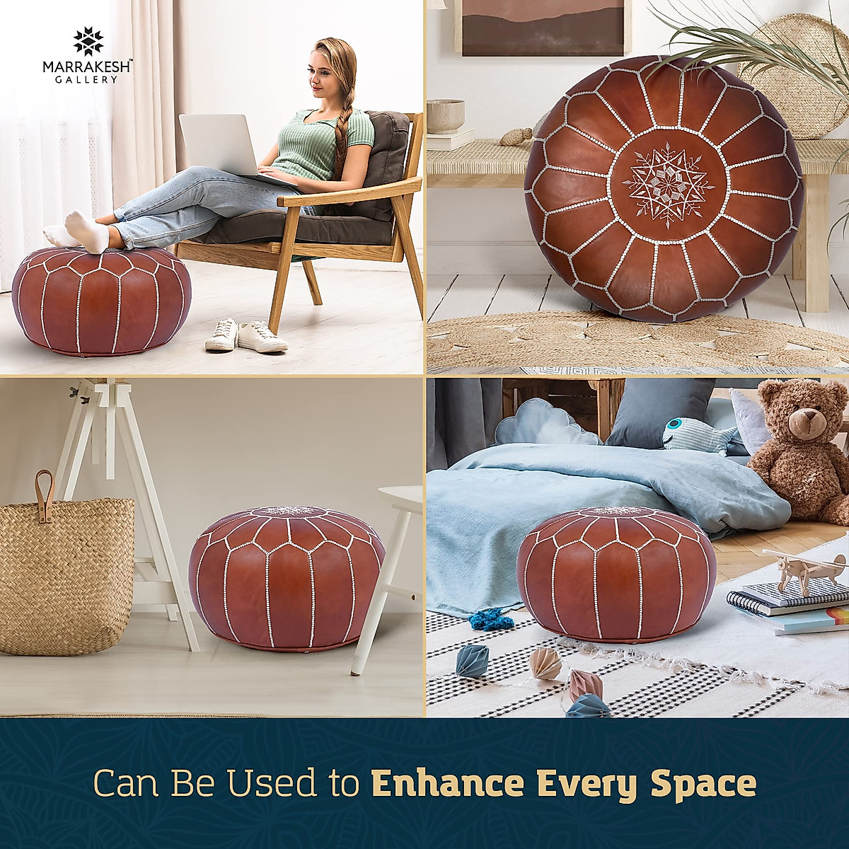 Marrakesh Gallery Genuine Leather Round Pouf Unstuffed - Moroccan Ottoman Footstool, Footrest Cover - Boho Decor - Bohemian Living Room, Bedroom, Kids Room, Gift & Wedding