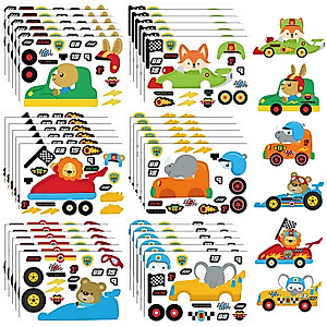 Ireer 36 Sheets Car Stickers for Kids Make Your Own Car Stickers, 6 Styles Cartoon Racing Car Stickers for Race Car Themed Birthday Party Supplies Rewards Toy Art Craft Activities