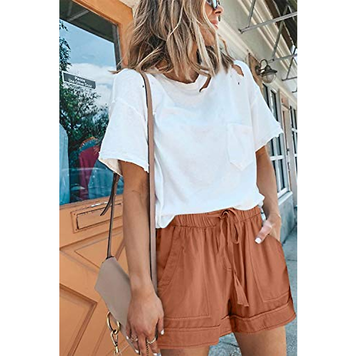 ANFTFH Women's Casual Elastic Waist Comfy Cotton Linen Summer Beach Shorts with Drawstring Orange XL