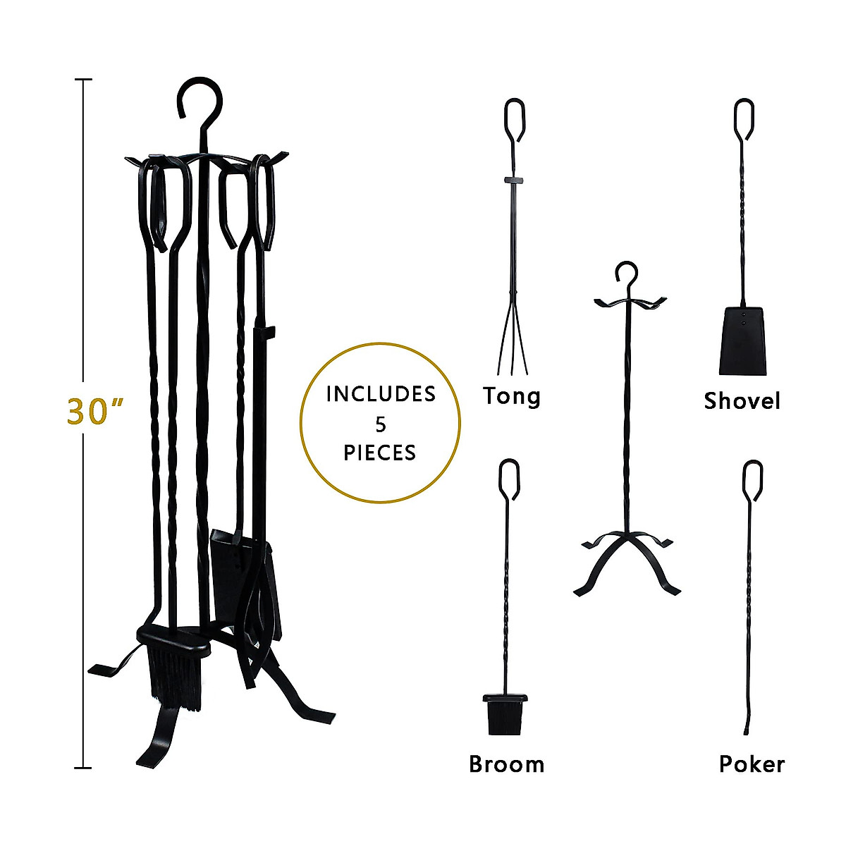 yinat Fireplace Tools Set, 5 Pieces of Fire Pit Tools,Firewood Holder Tools Kit Sets with Handles,Outdoor Accessories Kit,Black,Wrought Iron