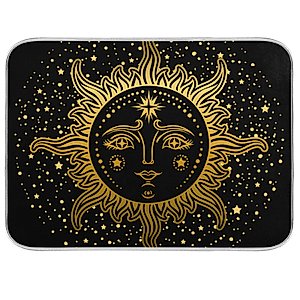 Hand Drawn Gold Golden Face of the Sun Stars on Black Dark Kitchen Dish Drying Mat, Absorbent Microfiber Pad Drainer, Heat-resistant Countertops Sinks Protector with Hanging Loop 18"x24"