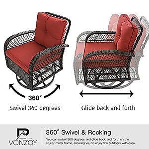 VONZOY 3 Pieces Patio Furniture Set, Outdoor Swivel Glider Rocker, Wicker Patio Bistro Set with Rocking Chair, Thickened Cushions and Table for Porch (Red)