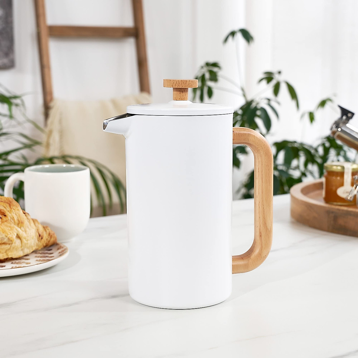 Pinky Up Martha Double Walled Stainless Steel Press Pot Tea and Coffee Maker, Loose Leaf Tea Accessories French Press Brewer, 34 Oz, Set of 1,White