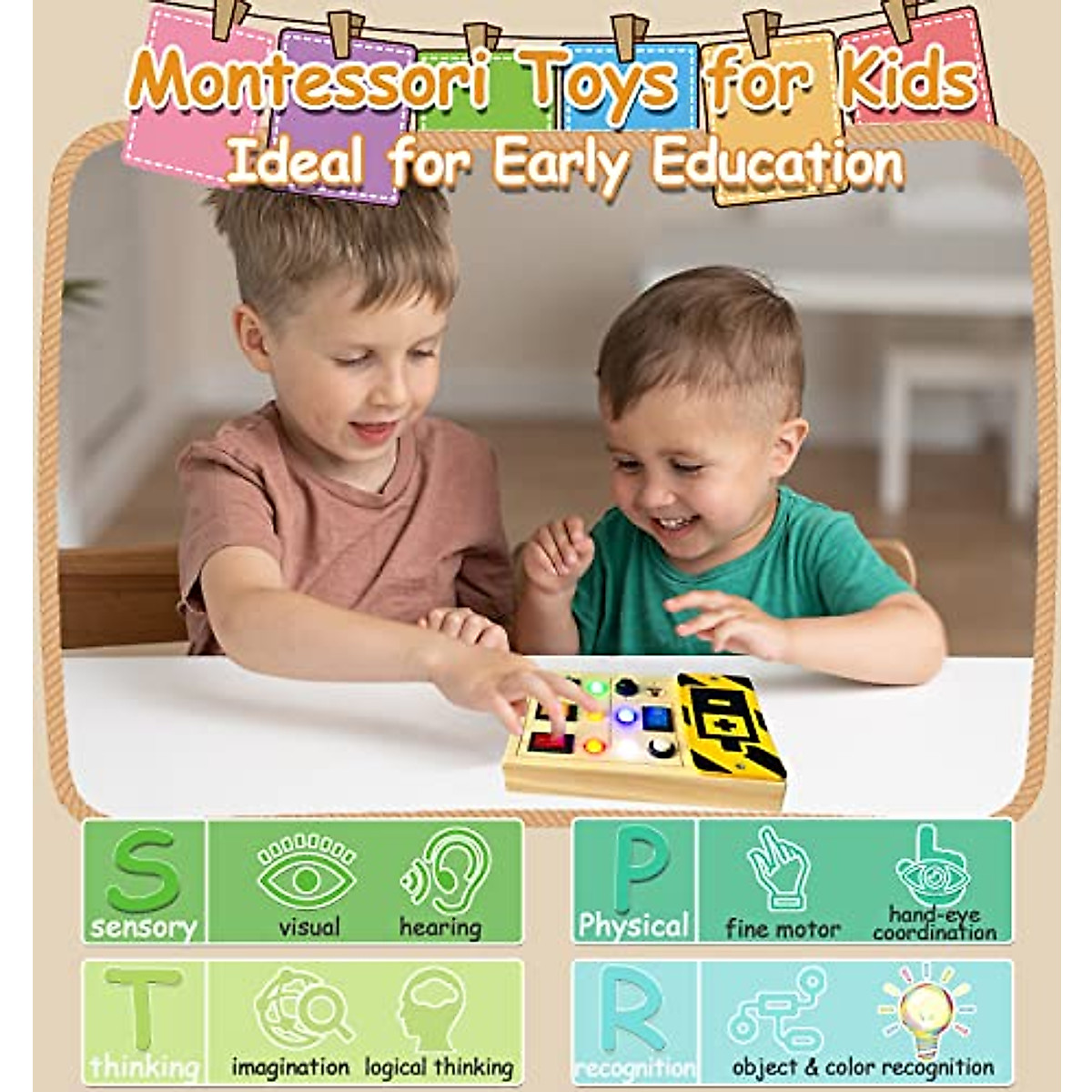 TEUVO LED Light Switch Busy Board for Toddler with Sound Montessori Toys Wooden Sensory Board Travel Toys with Button Keep Toddler Busy Educational Learning Toy Gifts for Kids Boy Girls Aged 1 2 3 4 5