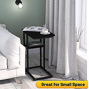 C Table End Table, Sturdy 2 Tier C Shaped Side Table for Couch Sofa Bedside Small Space, C Snack Table TV Tray Record Player Stand Small Tables for Living Room Bedroom, Easy to Assemble, Black