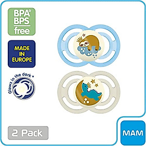 MAM Perfect Night Baby Pacifier, Patented Nipple, Glows in the Dark, 2 Pack, 16+ Months, Blue/Boy,2 Count (Pack of 1)