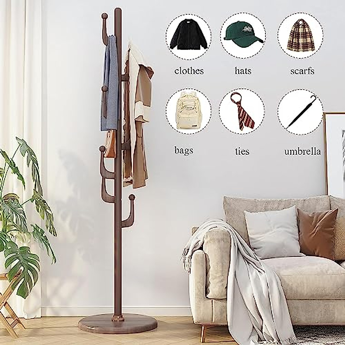 COVAODQ Coat Rack Freestanding, Coat Tree stand with 7 Hooks for Hallway Bedroom Office Natural Wood Standing Coat Rack for Clothes Hat Handbags