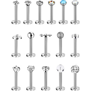 Chuangdi 16 Pieces 16 G Labret Nose Studs Piercing Lips Stainless Steel Tragus Nose Assorted Design Piercing Jewelry for Women (Silver)