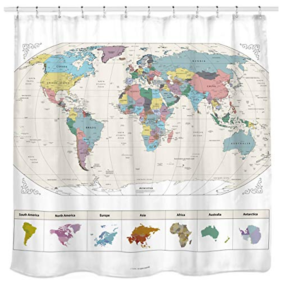 New! Map of The World with Detailed Major Cities. PVC Free, Non-Toxic and Odorless Water Repellent Fabric Shower Curtains - Large Home Decor Wall Map